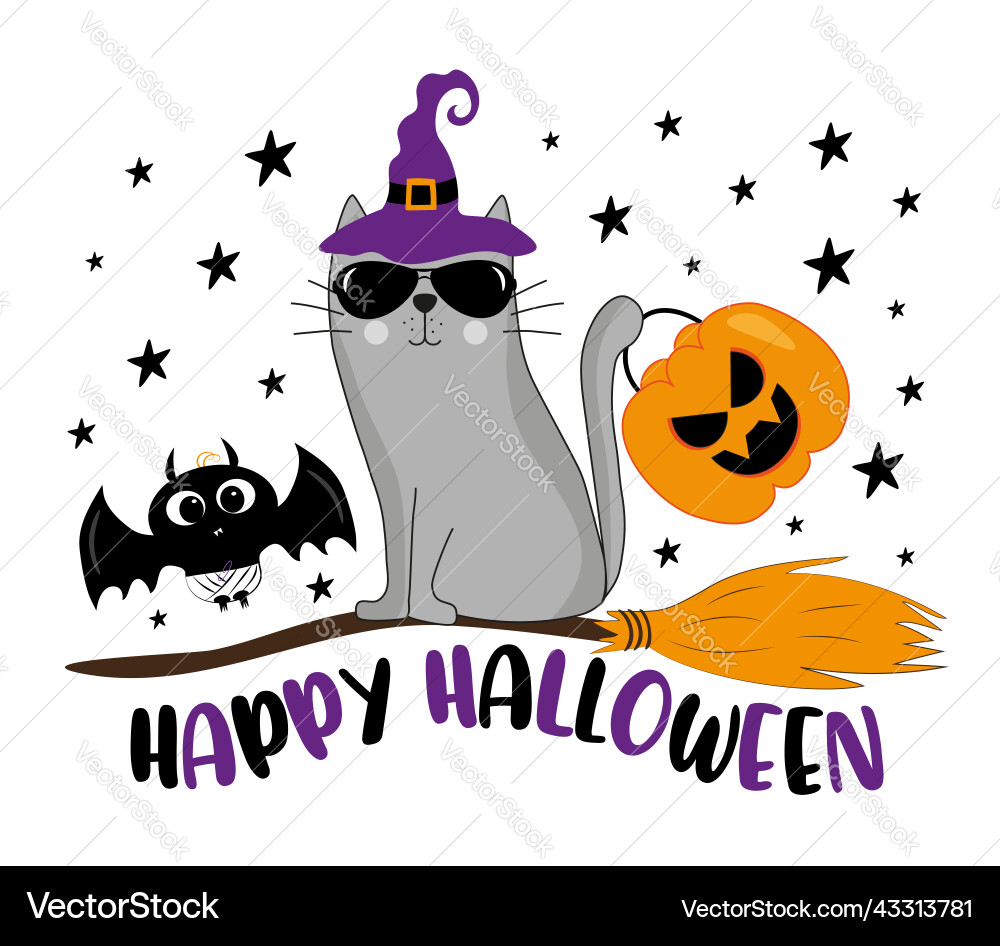 Happy halloween - funny cat in witch hat on broom Vector Image