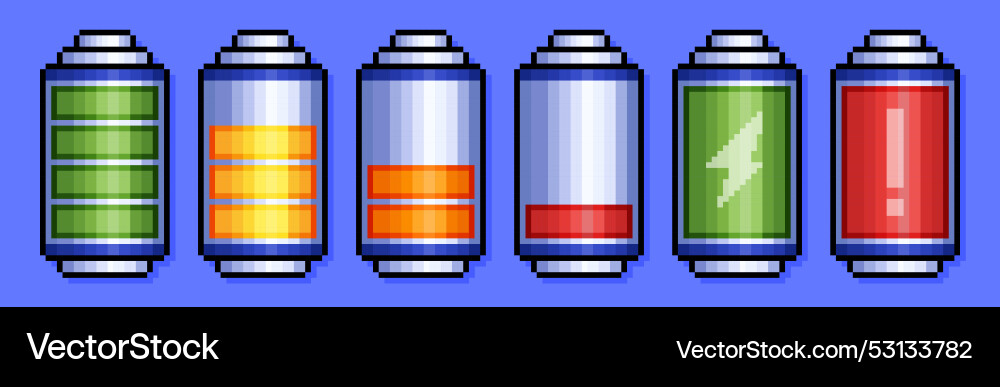 Pixel battery charge indicator icons energy Vector Image