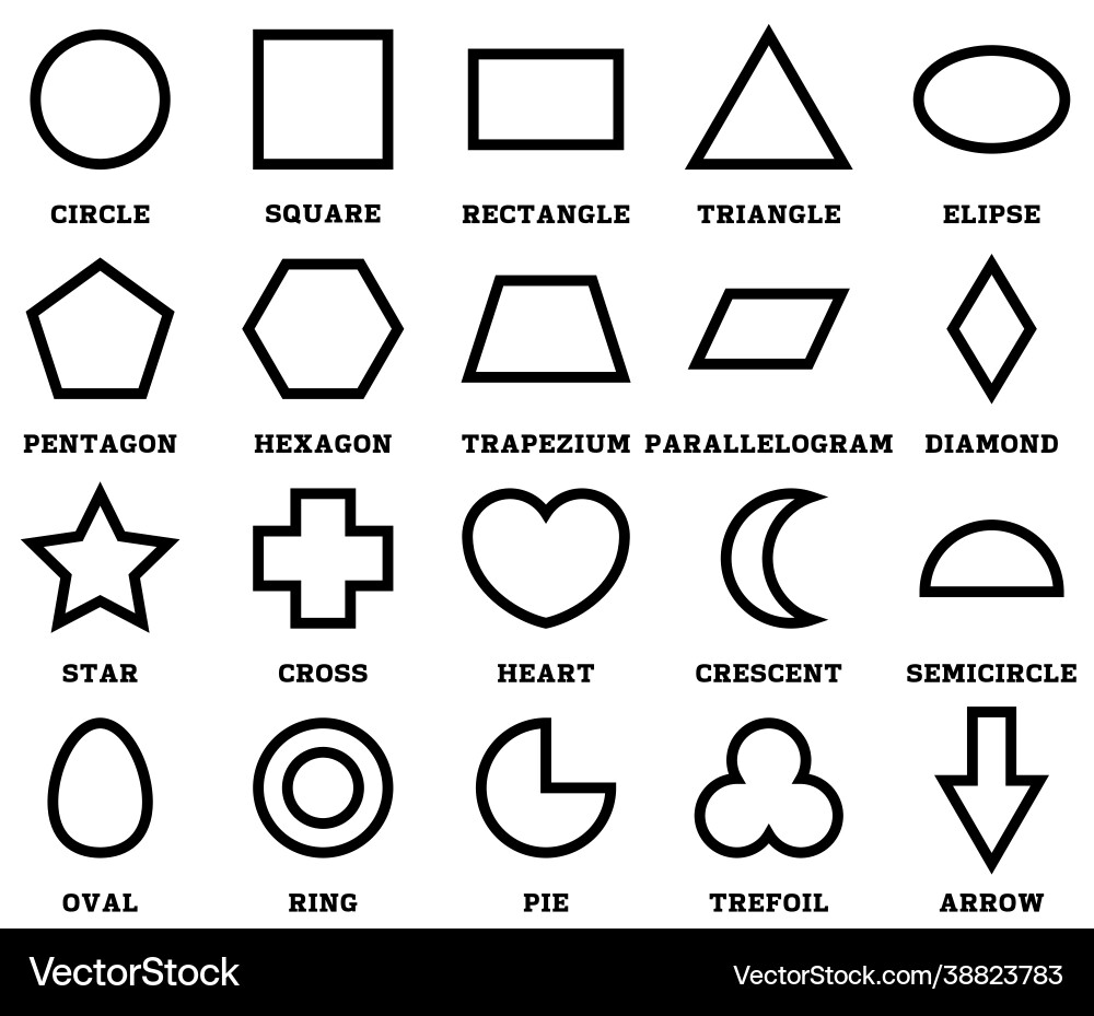 Set 2d shapes with their name outline Royalty Free Vector