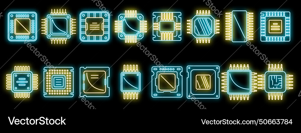 Processor icons set neon Royalty Free Vector Image