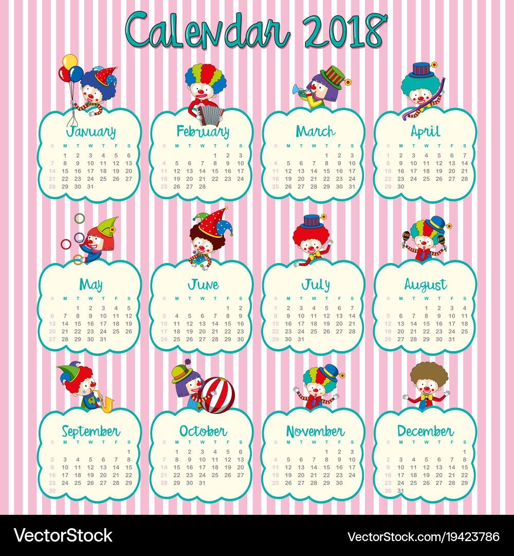2018 calendar design with happy clowns Royalty Free Vector