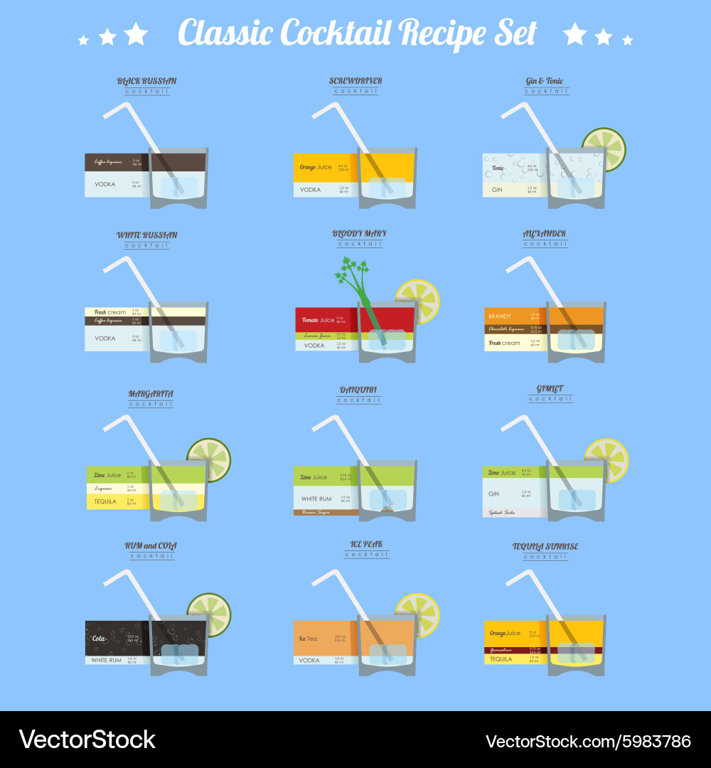 Classic cocktail recipe set Royalty Free Vector Image