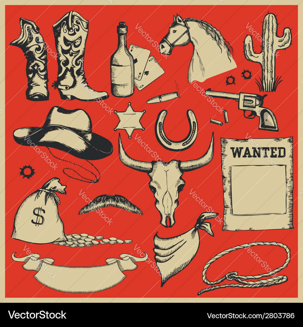 Cowboy western set of objects Royalty Free Vector Image