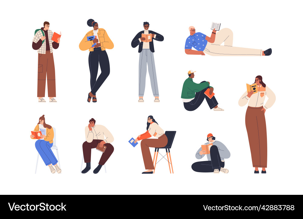 People reading paper books set young men Vector Image