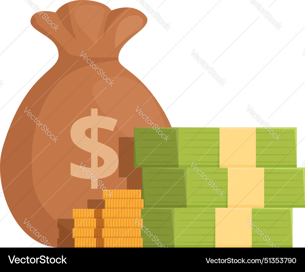 Wealth concept with money bag and cash stack Vector Image