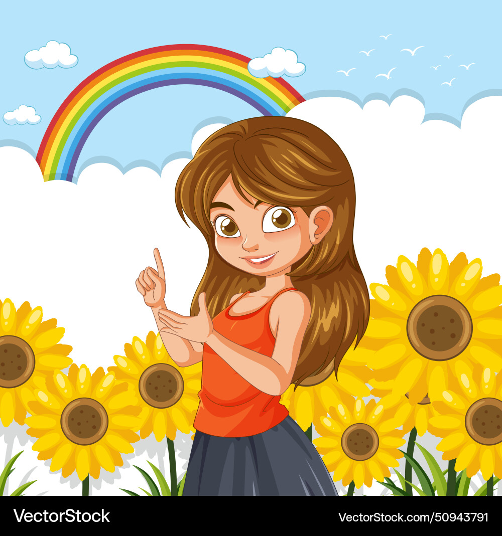 Happy young girl among sunflowers under a bright Vector Image
