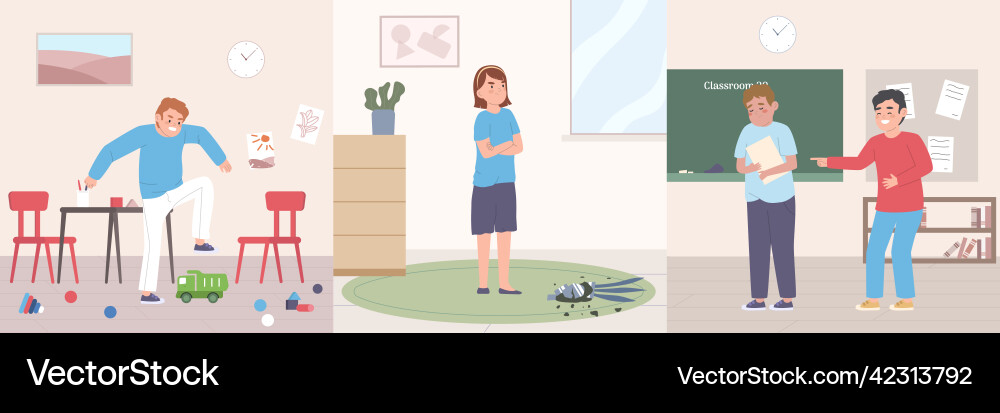 Kids bad behavior flat scenes Royalty Free Vector Image