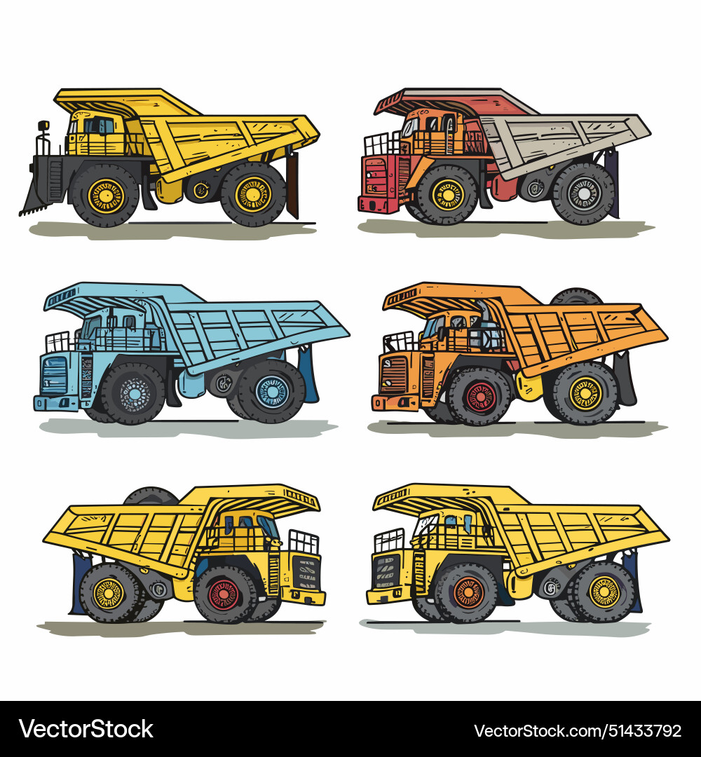 Six colorful dump trucks various hues Royalty Free Vector