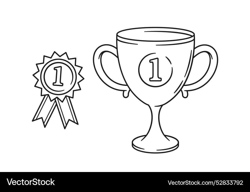 Trophy cup and medal with ribbon number one Vector Image