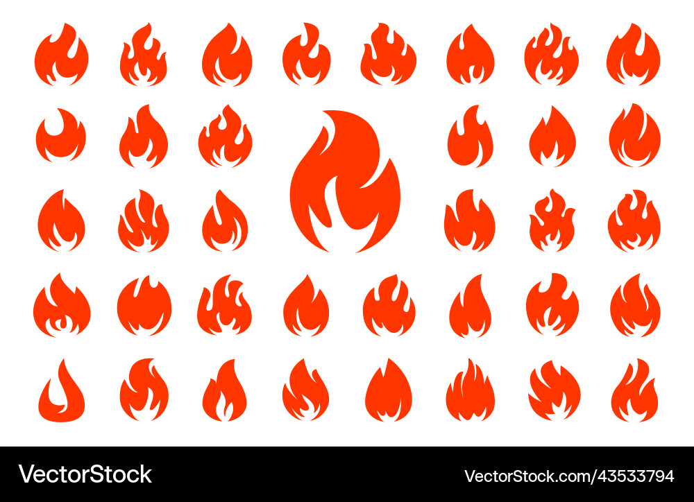 Fire flames set icons red hot bonfire Royalty Free Vector