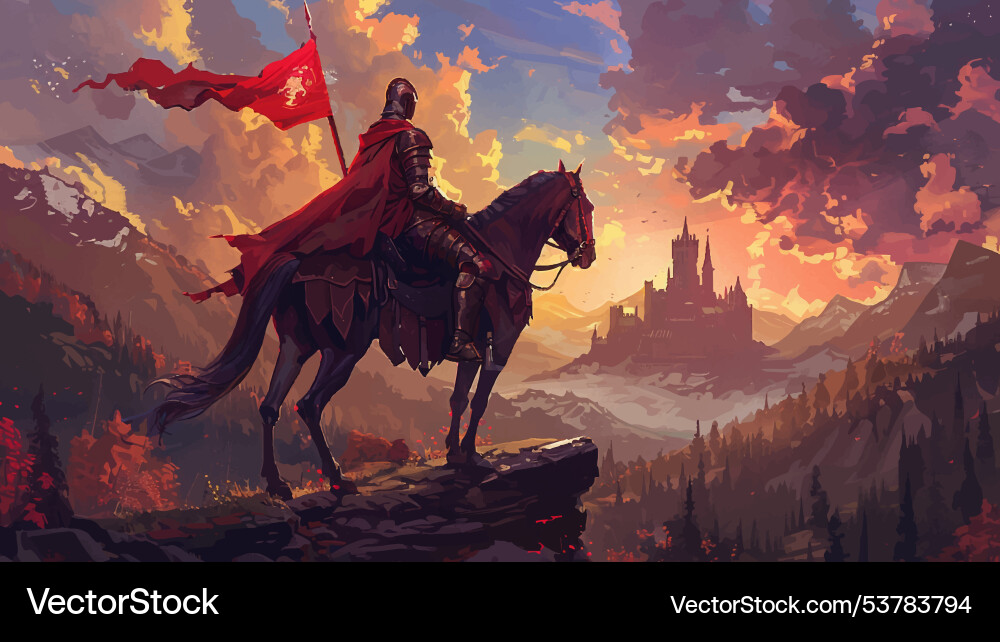 Fully armored knight on a steed also equipped Vector Image