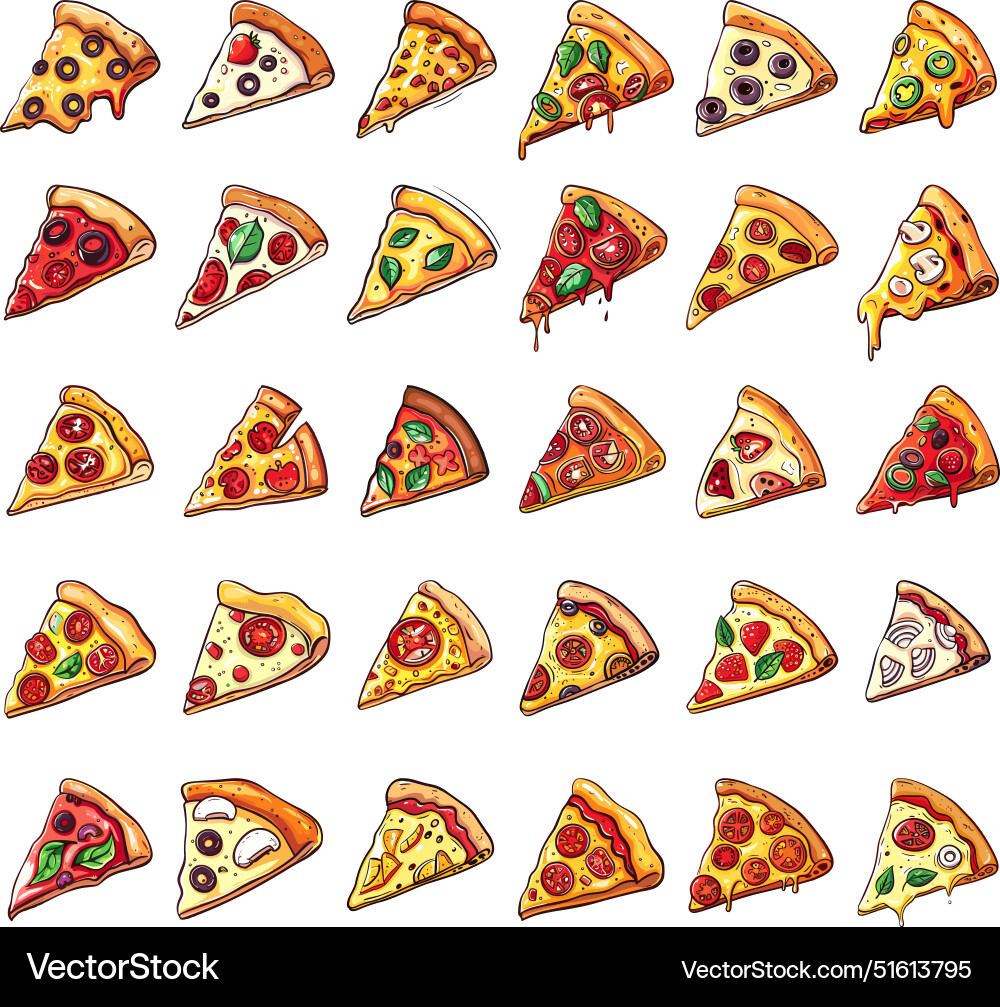 Cartoon pizza slices icons set various Royalty Free Vector