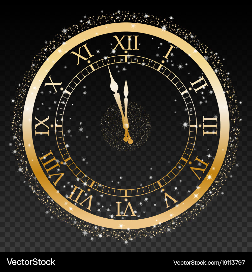 Gold new year clock on a transparent background Vector Image