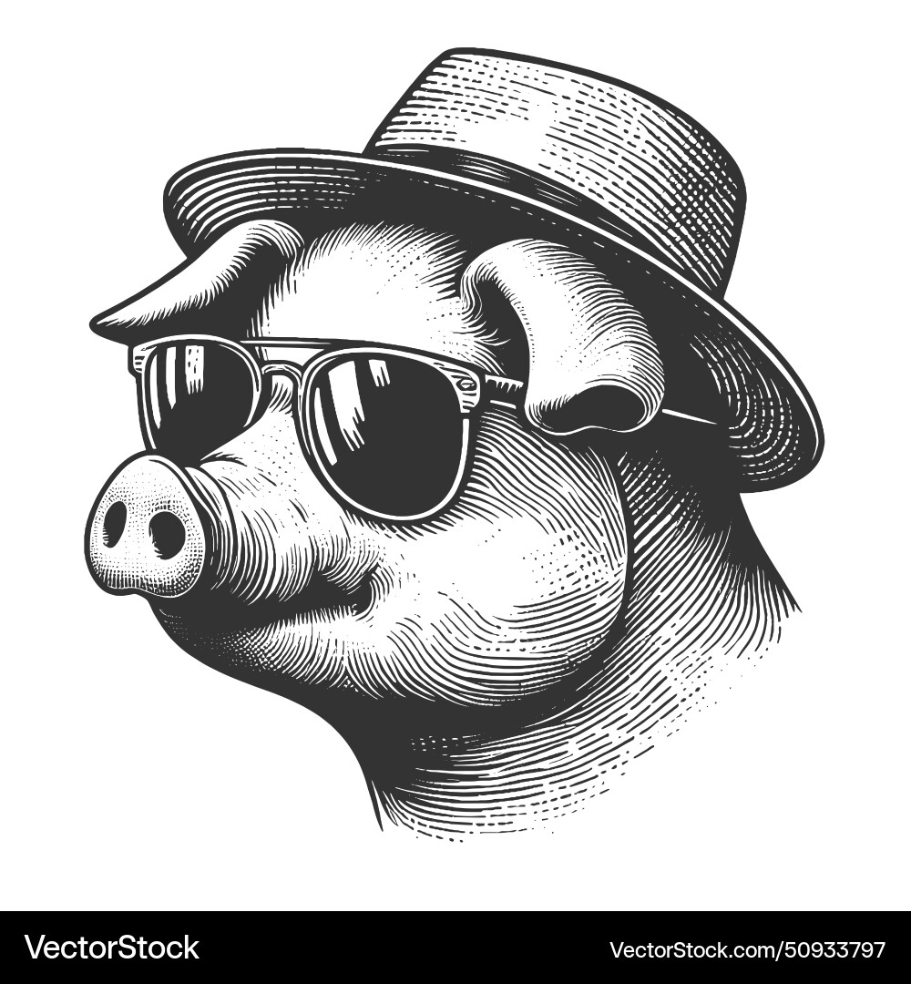 Stylish pig with sunglasses engraving Royalty Free Vector