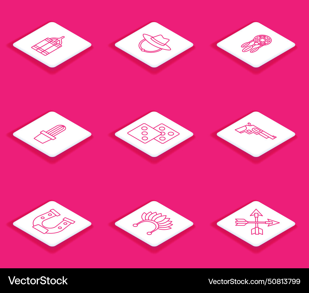 Set line dynamite bomb western cowboy hat dream Vector Image