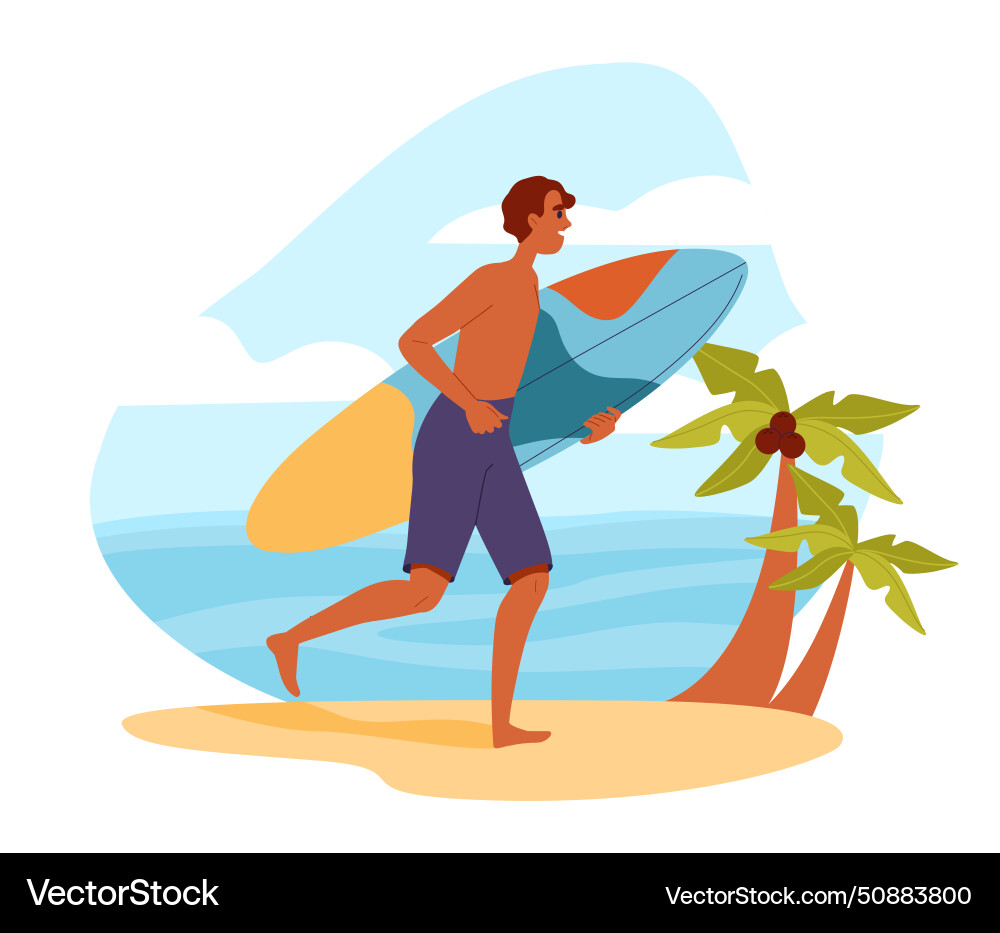 Man on beach with surfboard Royalty Free Vector Image
