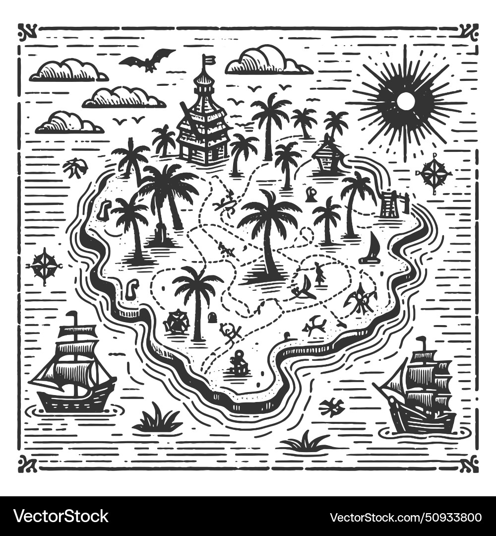 Pirate Treasure Map With Sailing Ships Royalty Free Vector