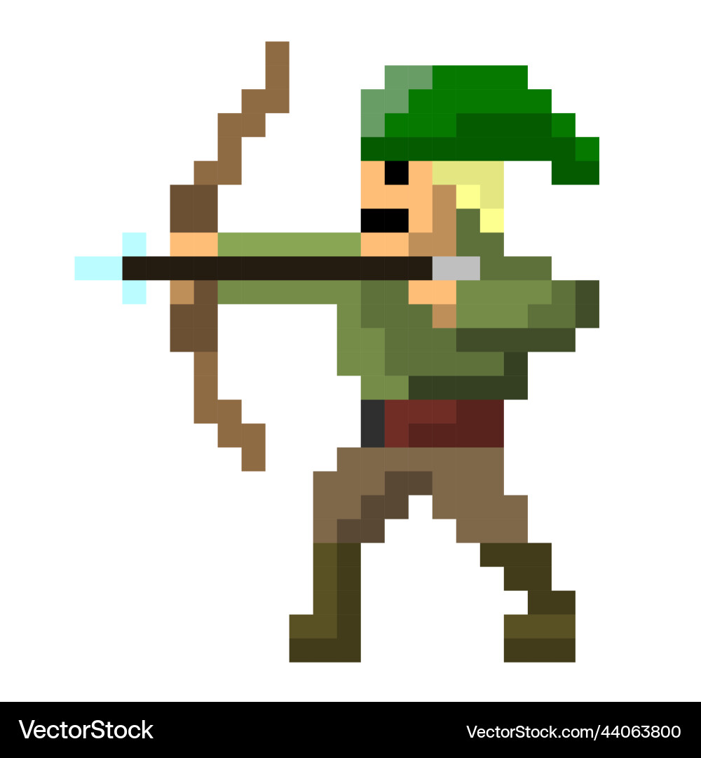 Pixel art archer fire isolated cartoon Royalty Free Vector