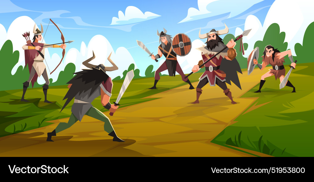Vikings battle armed barbarians clash Royalty Free Vector