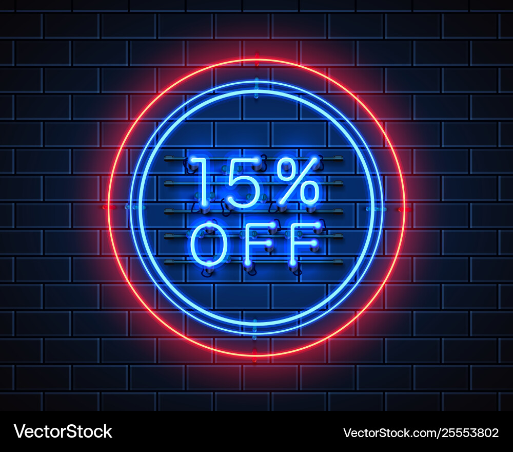Neon 15 Off Banner - Night Sign Royalty Free Vector Image