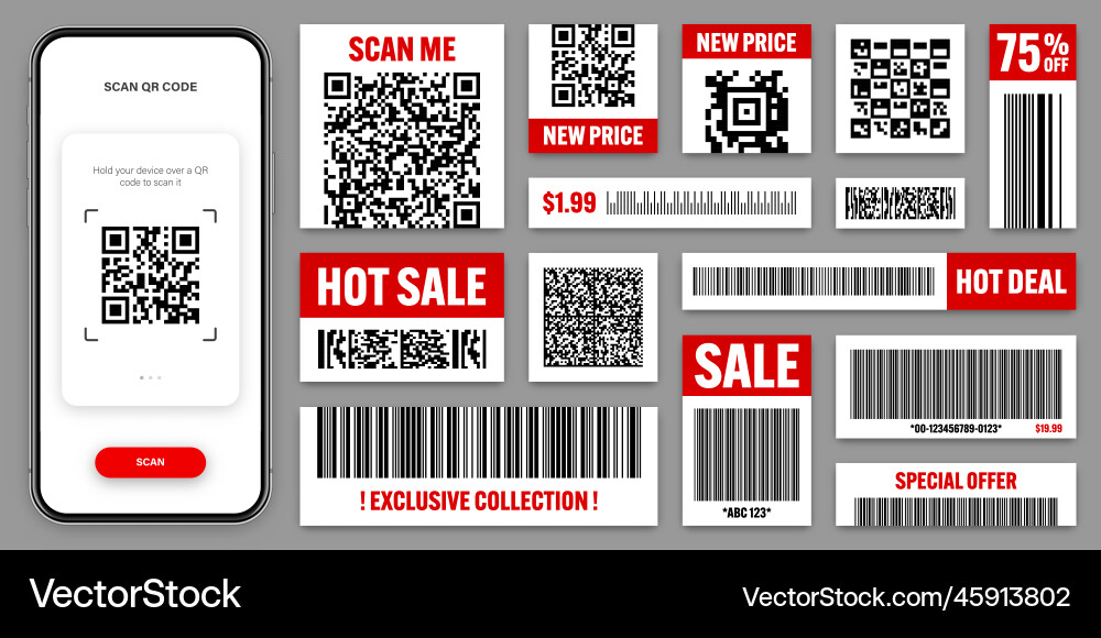 Product barcodes and qr codes smartphone Vector Image Product barcodes and qr codes smartphone Vector Image