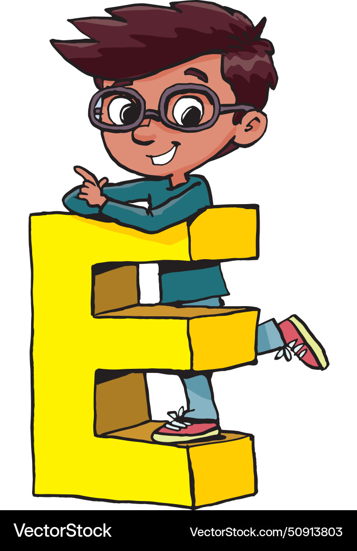 Boy stands on the capital letter e Royalty Free Vector Image