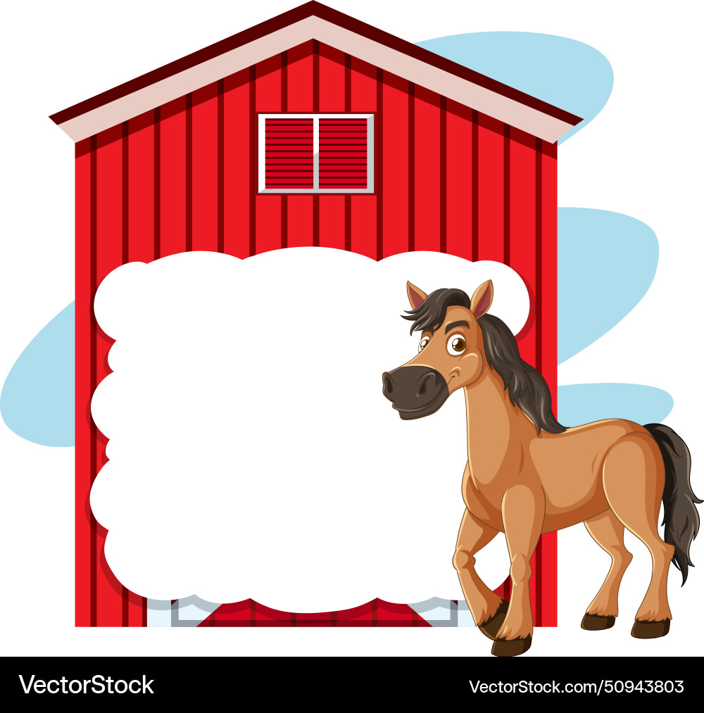 Cartoon horse standing by a barn with clouds Vector Image