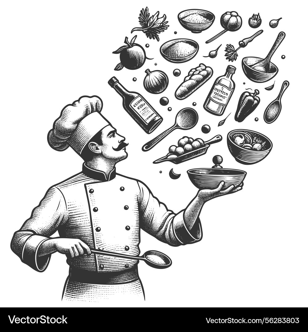 Chef cooking with flying vegetables Royalty Free Vector