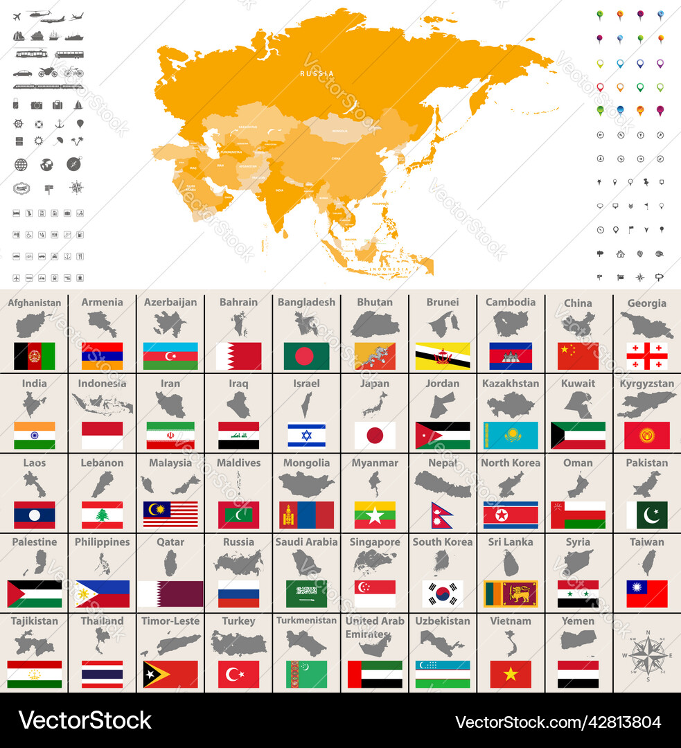 Asia Political Map - Countries & Flags Vector Image