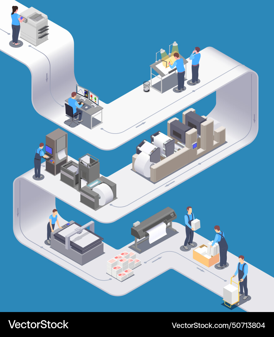 Printing house isometric background Royalty Free Vector