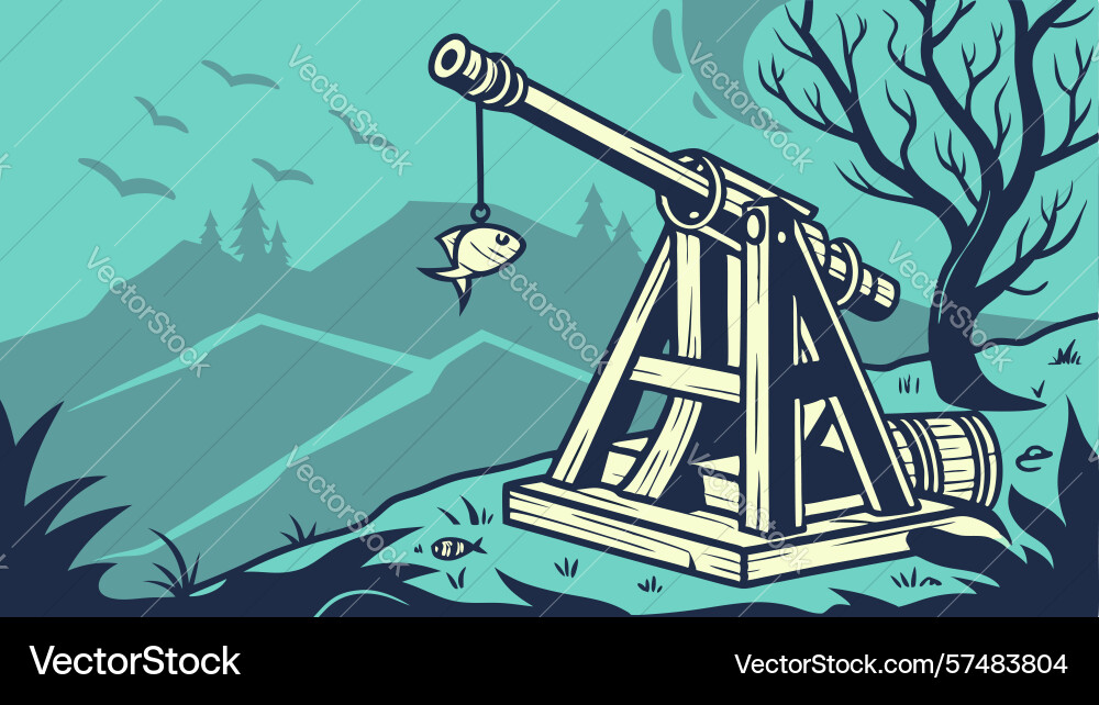 Trebuchet with fish in basket whimsical medieval Vector Image