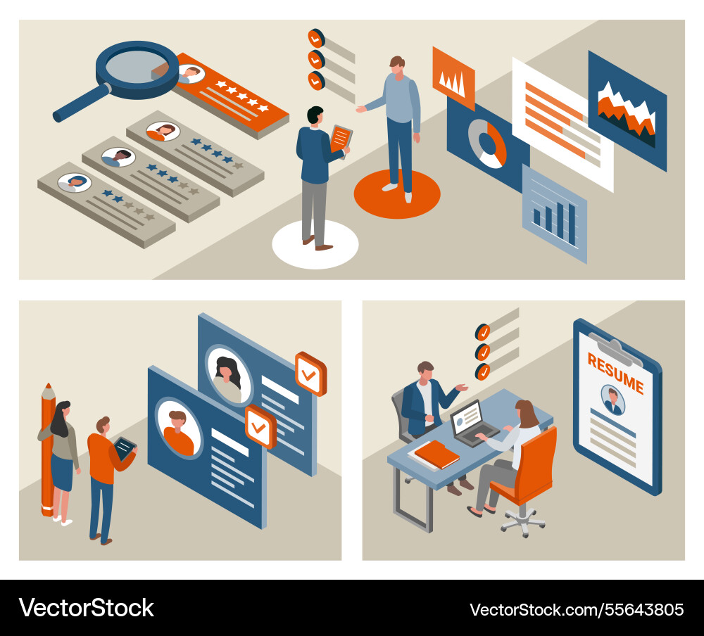 Recruitment process set with isometric business Vector Image