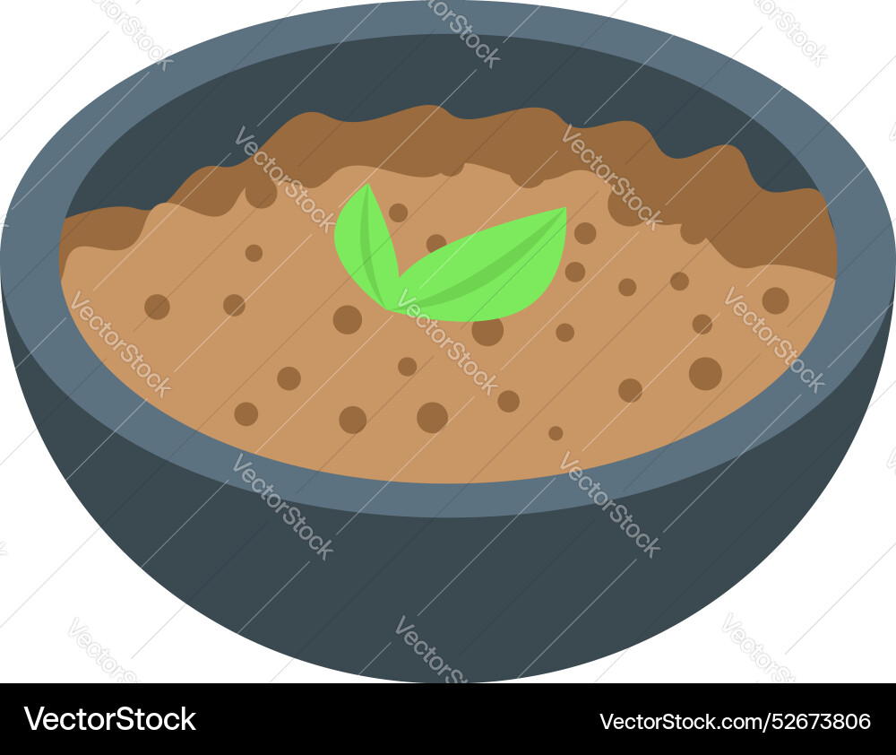 Grey bowl containing brown puree decorated Vector Image