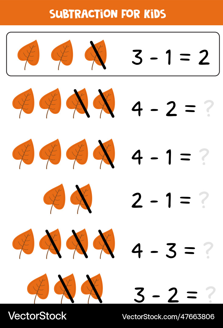 Subtraction game with cute cartoon autumn leaf Vector Image