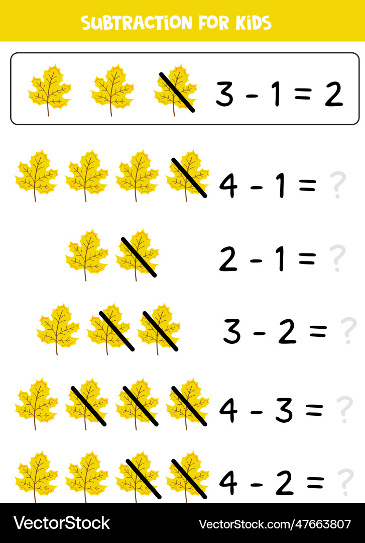 Subtraction game with cute cartoon autumn leaf Vector Image