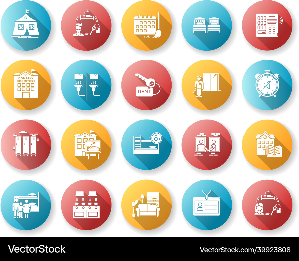 Dormitory flat design long shadow glyph icons set Vector Image