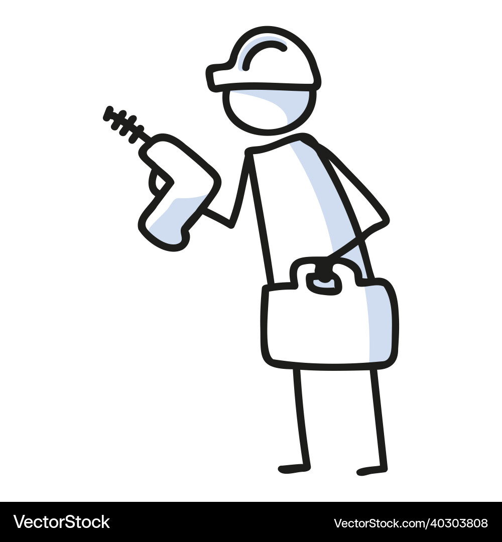 Drawn stick figure with drill construction worker Vector Image