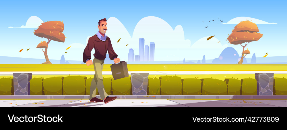 Man walk on sidewalk with shrub hedge Royalty Free Vector