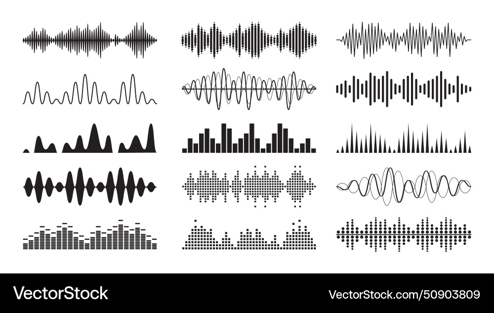 Sound waves monochrome symbols set music waveform Vector Image
