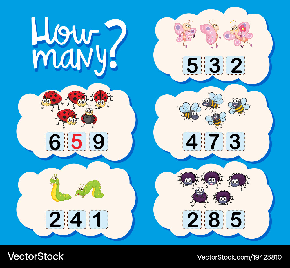 Counting worksheet with numbers and pictures Vector Image