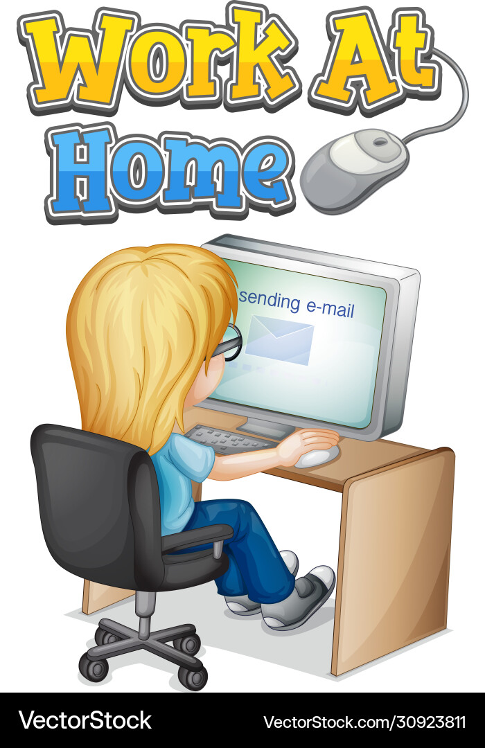 Font design for work from home with girl working Vector Image