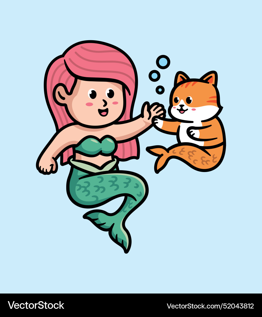 Cute mermaid having fun with cats Royalty Free Vector Image