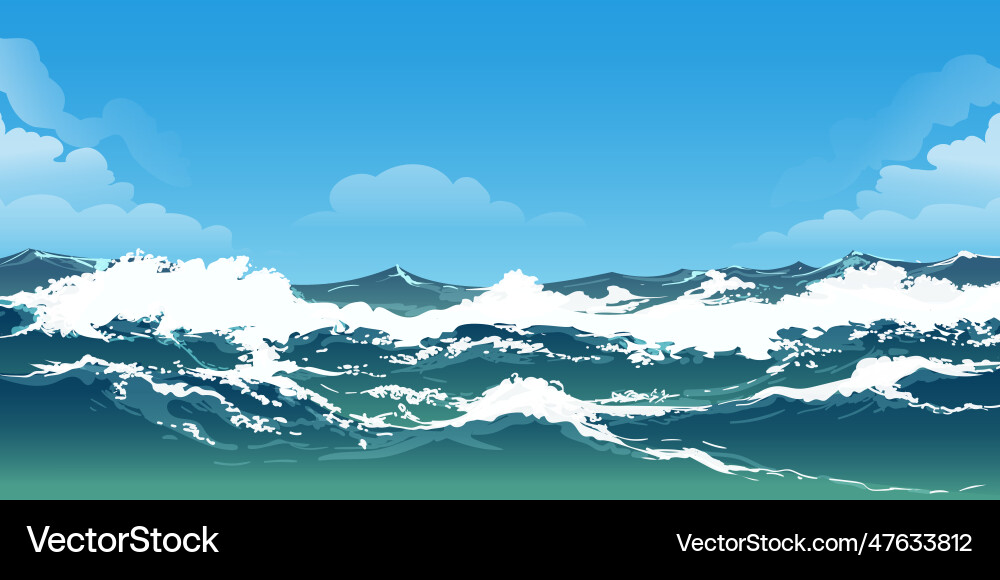 Ocean stormy waves blue sky and white clouds Vector Image