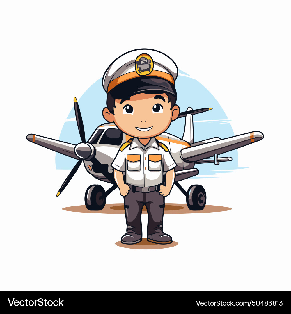Cute boy pilot with airplane over white Royalty Free Vector