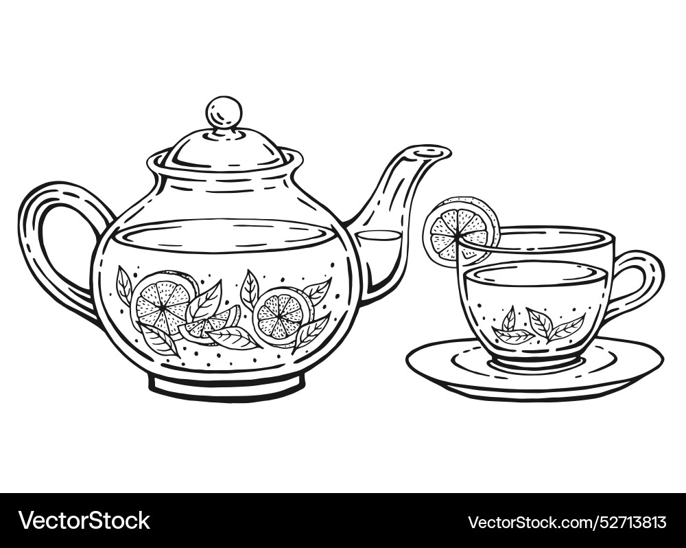 Hand drawn teapot cup lemon slices tea leaves Vector Image