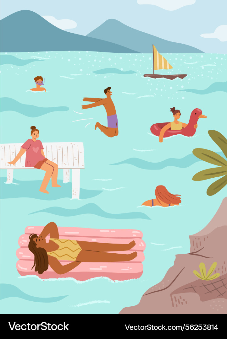 People on beach tanning and swimming Royalty Free Vector