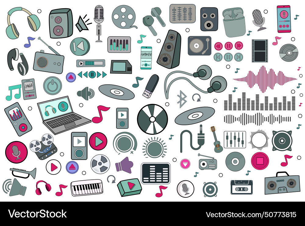 Audio music content objects symbols set icon Vector Image