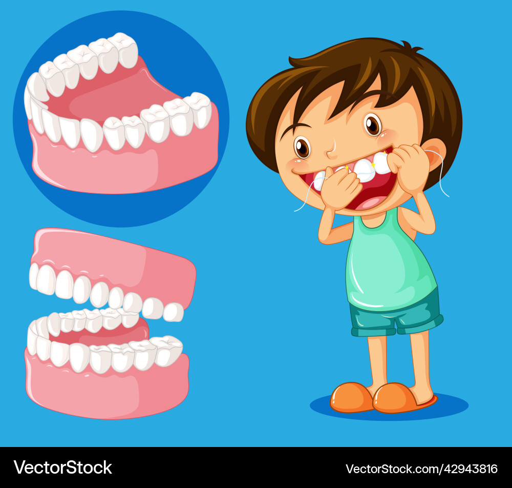 Cute boy cartoon character flossing teeth Vector Image