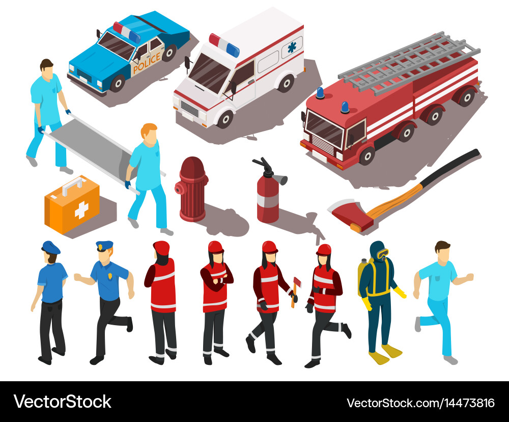 Rescue service isometric set Royalty Free Vector Image