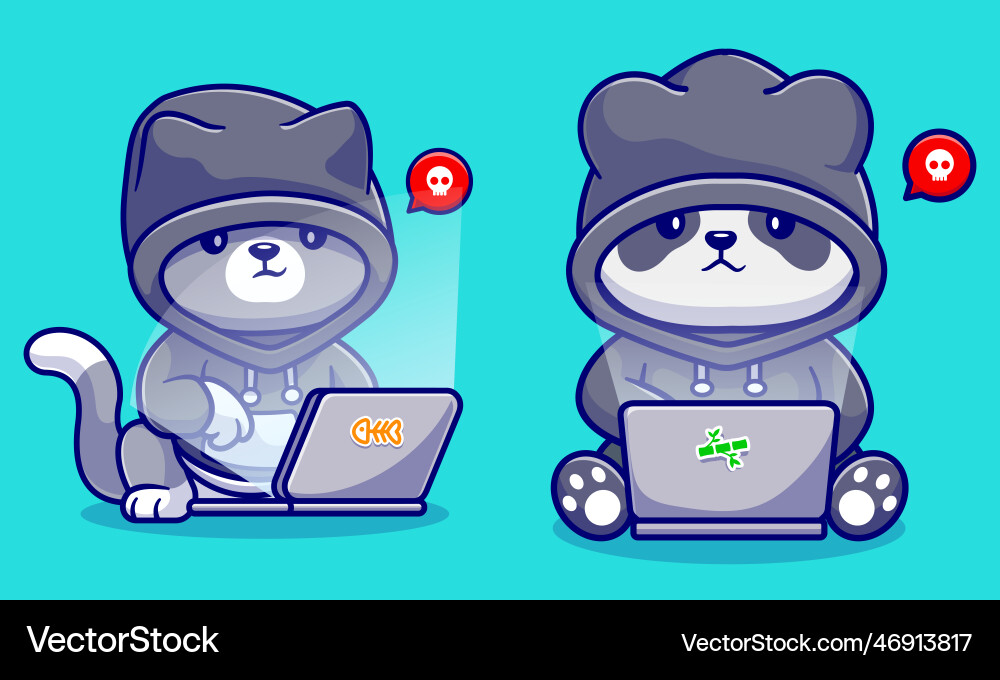Cute cat hacker operating laptop cartoon Vector Image